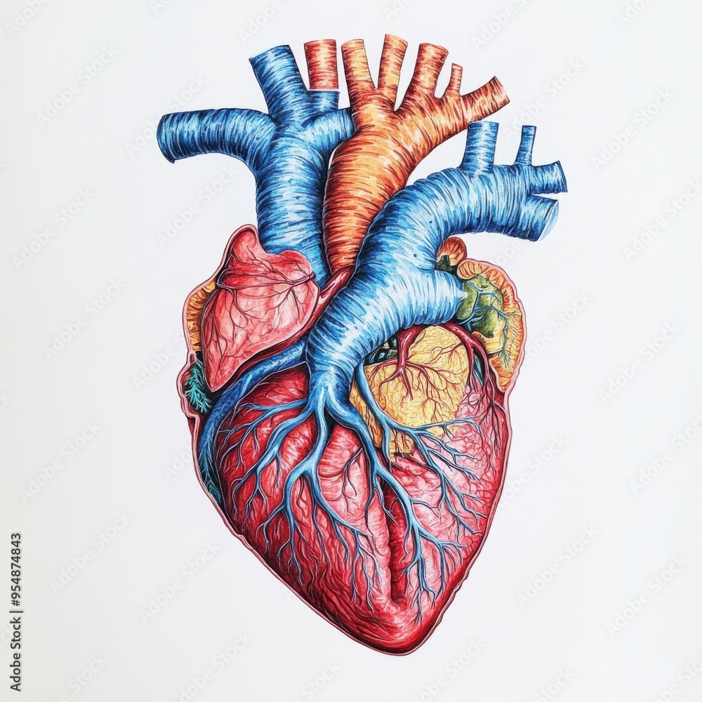 Detailed Colored Illustration of a Human Heart with Cutaway View ...