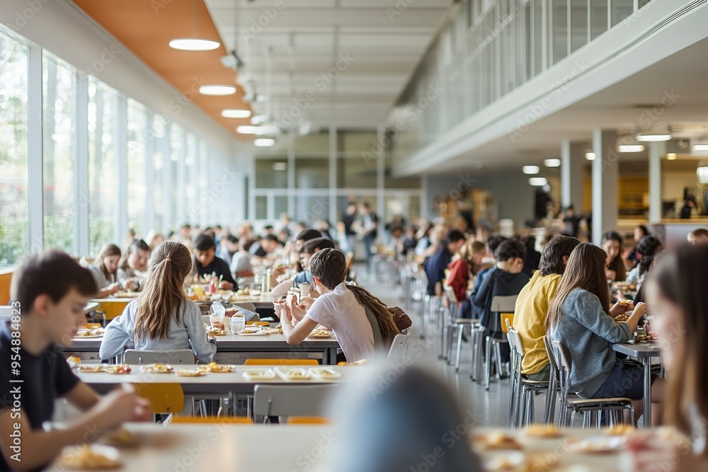 Students dining in busy school cafeteria Stock Photo | Adobe Stock