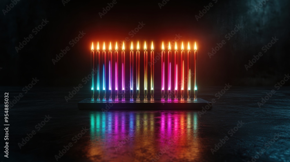 The vibrant, rainbow-colored candles of a stunning menorah light up a ...