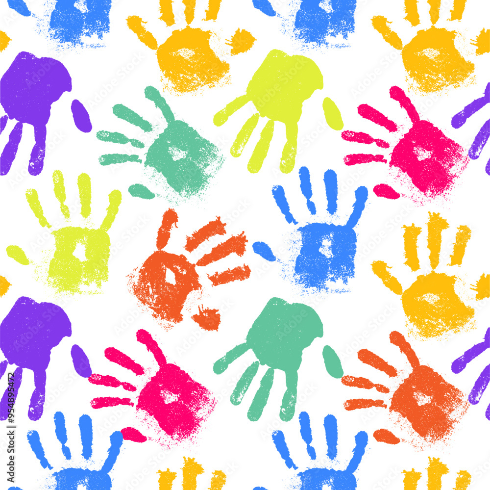 Children seamless pattern colored of hand print. Colorful kid handprint ...