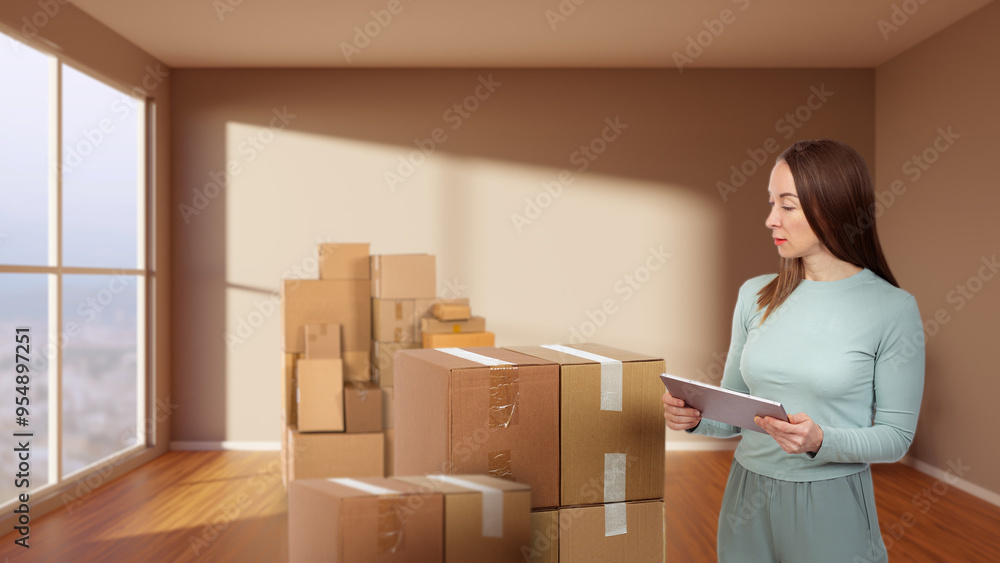 Woman engaged in moving. Girl with boxes in empty room. Lady moving to ...