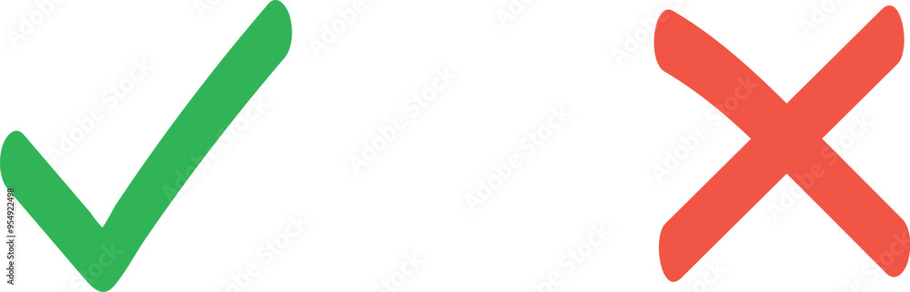 Sharp green checkmark and red cross on isolated white background vector ...