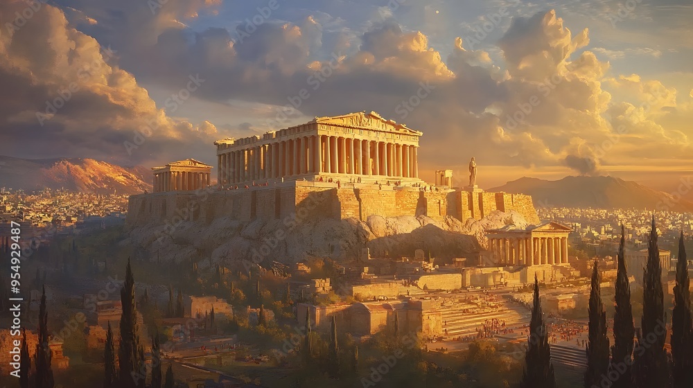 9. **Depict the Acropolis of Athens with its ancient Parthenon standing proudly atop the hill ...
