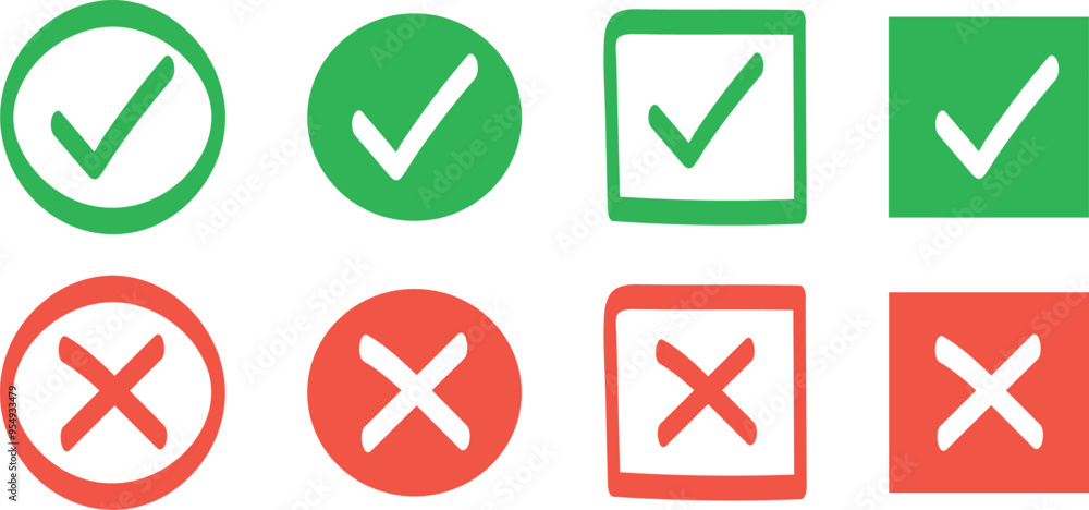 Sharp green checkmark and red cross on isolated white background vector ...