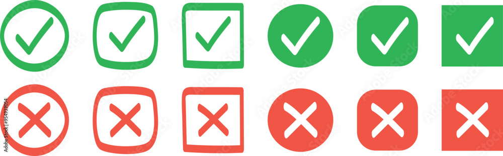 Sharp green checkmark and red cross on isolated white background vector ...