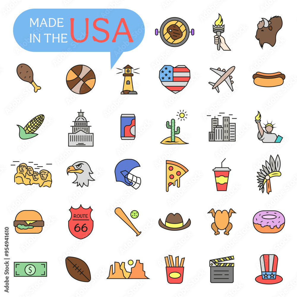 Colored symbols of America with strokes. USA symbols icons. United ...