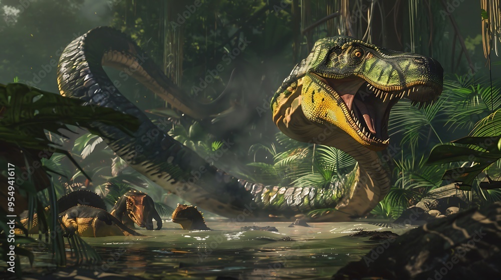 Titanoboa confronting group of dinosaur near watering hole body coiled ...