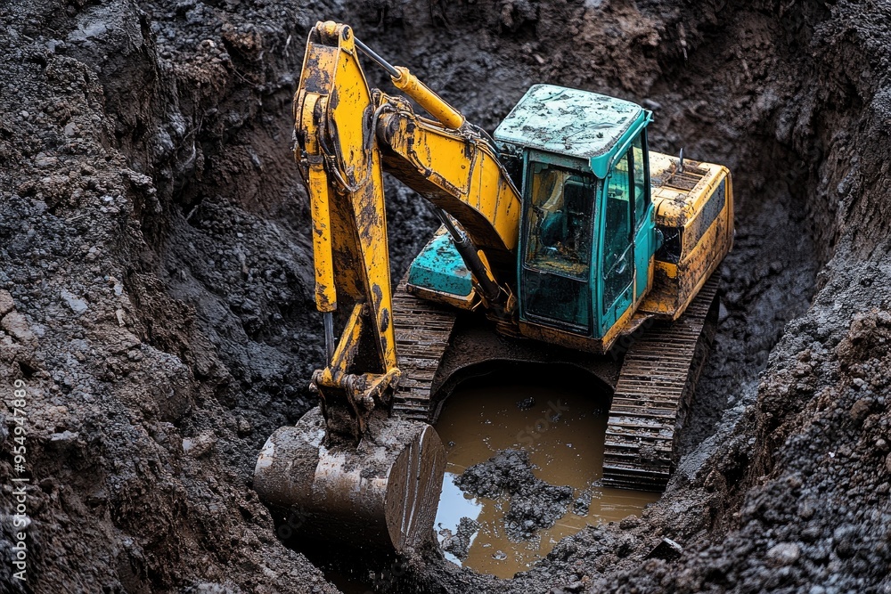 Excavator digging a deep hole in muddy ground Stock Photo | Adobe Stock