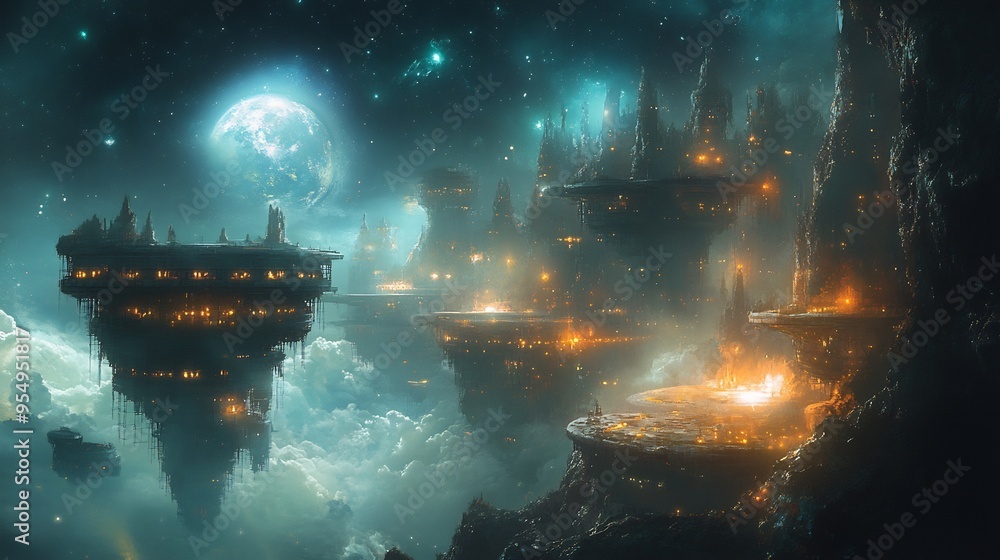 Concept art of deepspace alien prison with floating cells harsh ...