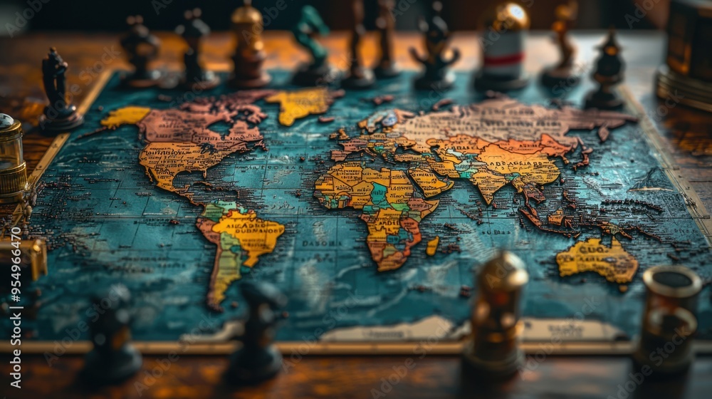 Vintage world map illustration on aged paper, depicting global ...