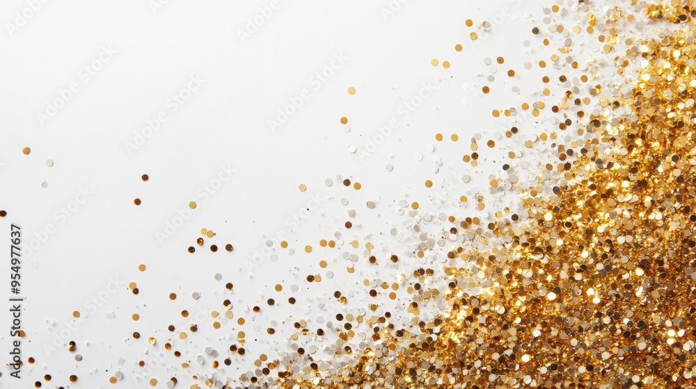 Golden glitter is scattered across a white background, creating a ...