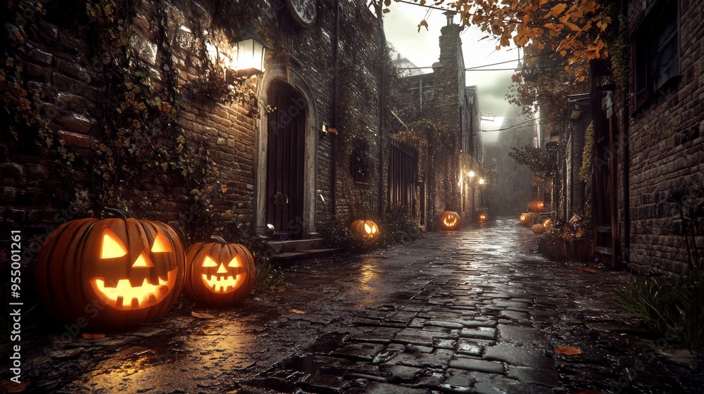 A spooky Halloween background showcasing a dark, creepy alleyway with ...