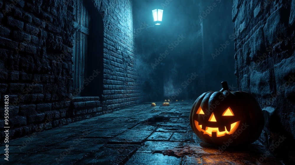 A spooky Halloween background showcasing a dark, creepy alleyway with ...