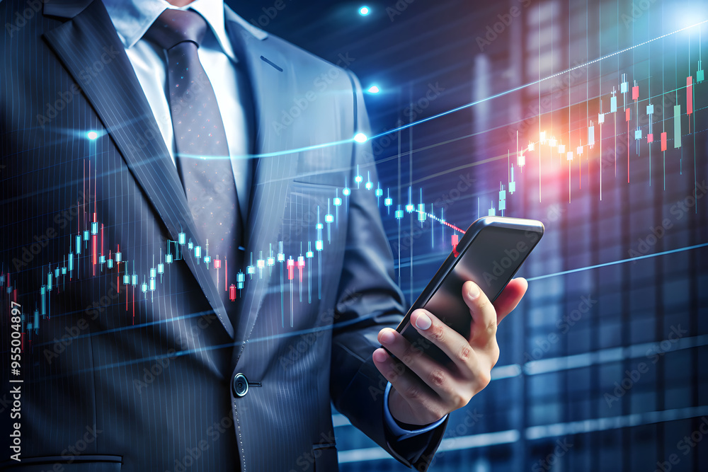 Businessman's hands holding mobile phone with falling forex chart on ...