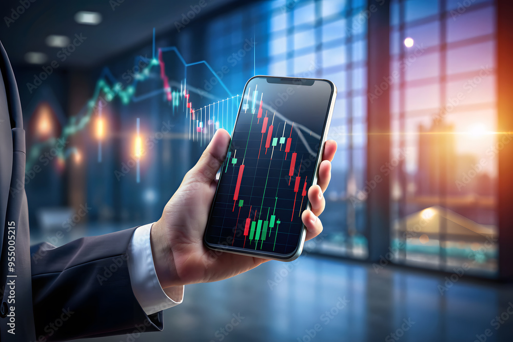 Businessman's hands holding mobile phone with falling forex chart on ...