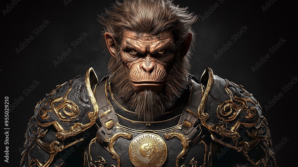 3D realistic of a monkey in armor, Monkey King Sun Wukong AI ...