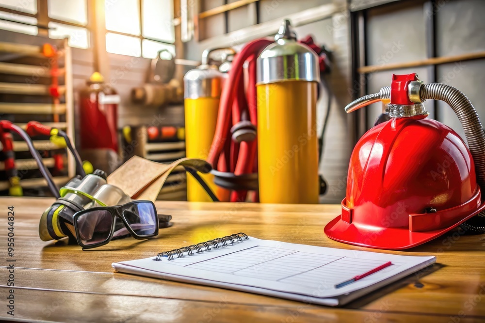 A detailed checklist lies on a table next to a fire extinguisher ...