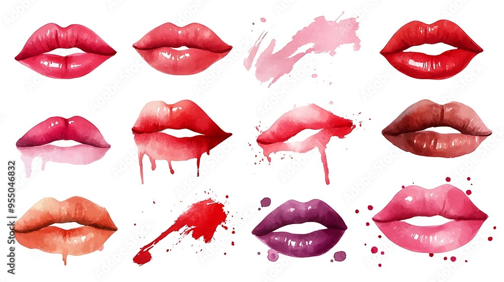 Collection of Lipstick Marks Vector Illustration with Watercolor ...