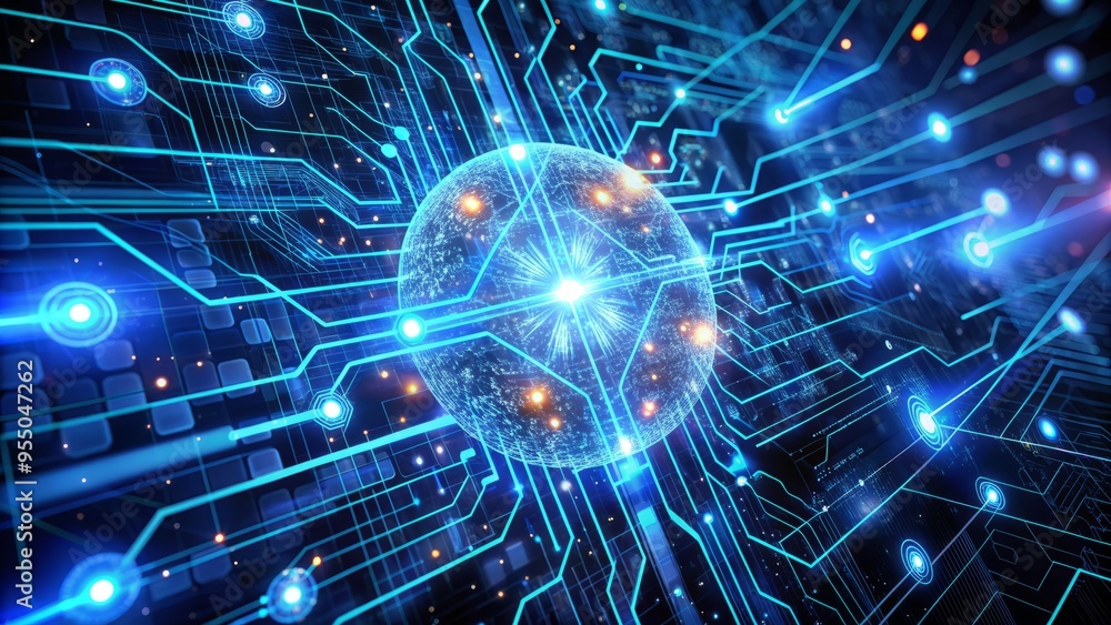 Futuristic neural network visual representation with glowing blue circuits and digital codes ...