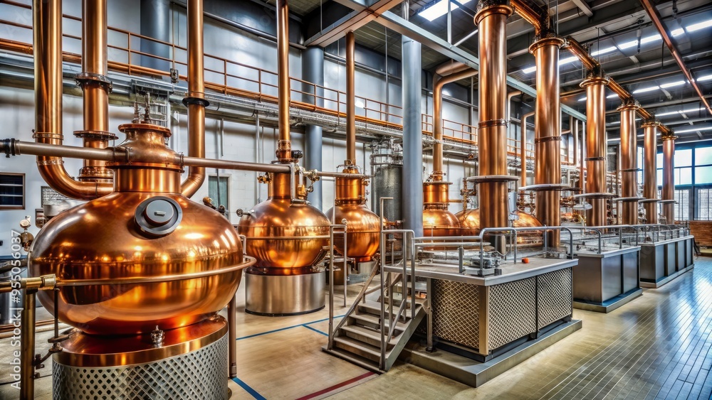 Industrial copper stills and stainless steel tanks line the interior of ...