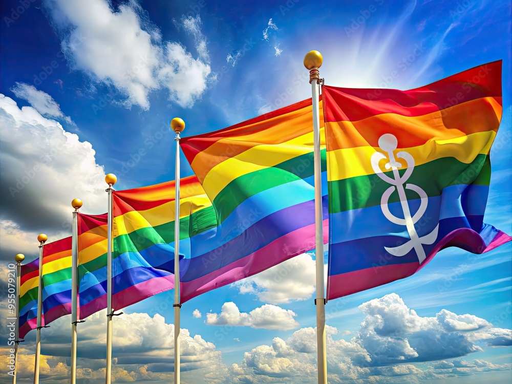 Colorful rainbow flags and medical symbols intertwined, conveying unity ...