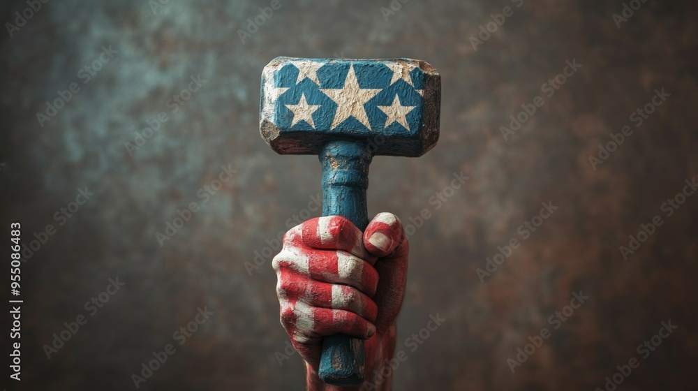 Hand holding hammer painted with American flag. Patriotism, strength ...