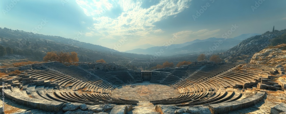 Ancient Greek amphitheater, with stone seating and a central stage ...