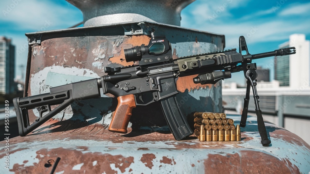 Combat-ready submachine gun on rooftop with scope and laser sight Stock ...
