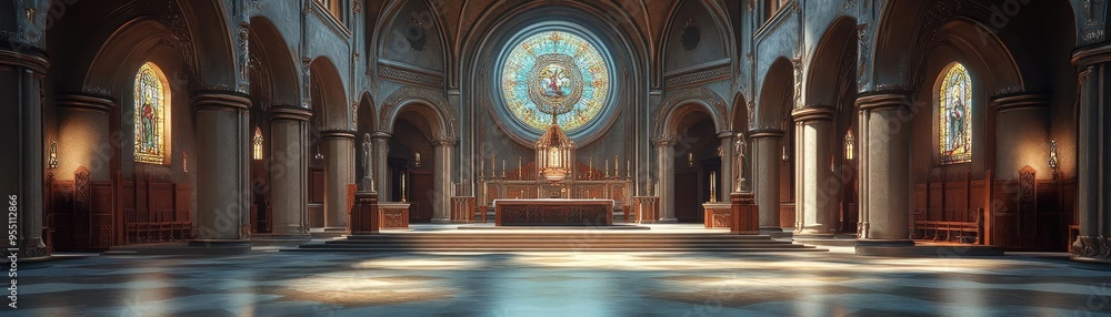 Grand Romanesque church interior, with high arches, stained glass, and ...