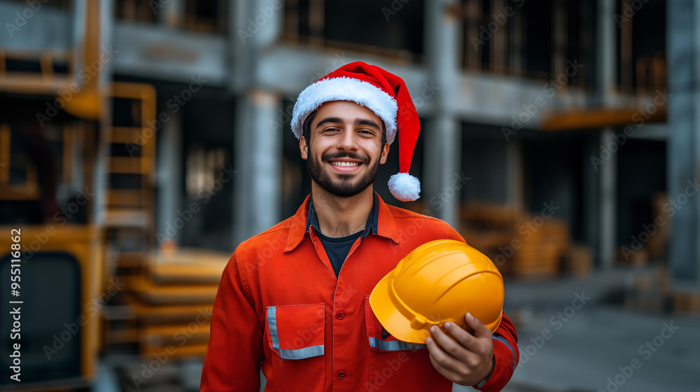 30s hispanic man, construction worker, wearing a santa hat and a ...