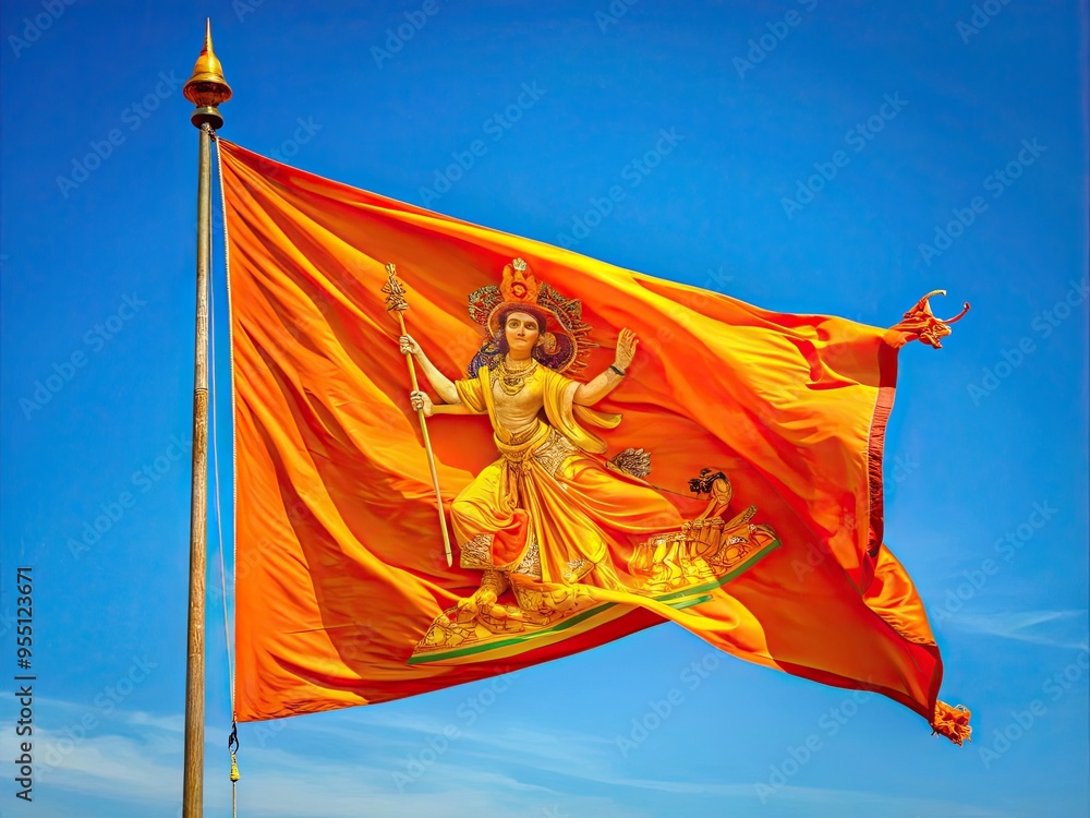 Saffron-colored flag with Hindu mythological symbols waving high ...