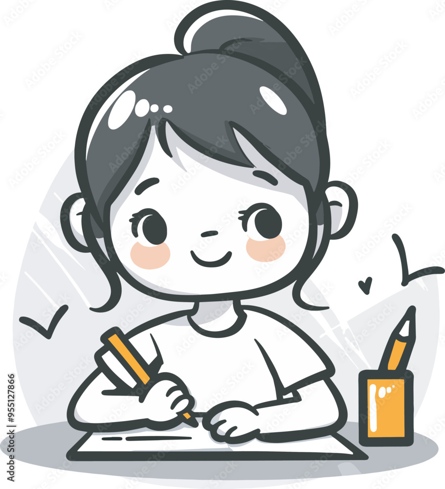 Cute Cartoon Child Writing On Paper Education Illustration Pencil ...