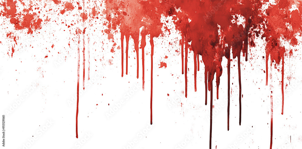 Red blood or paint flowing down on transparent background. Halloween ...