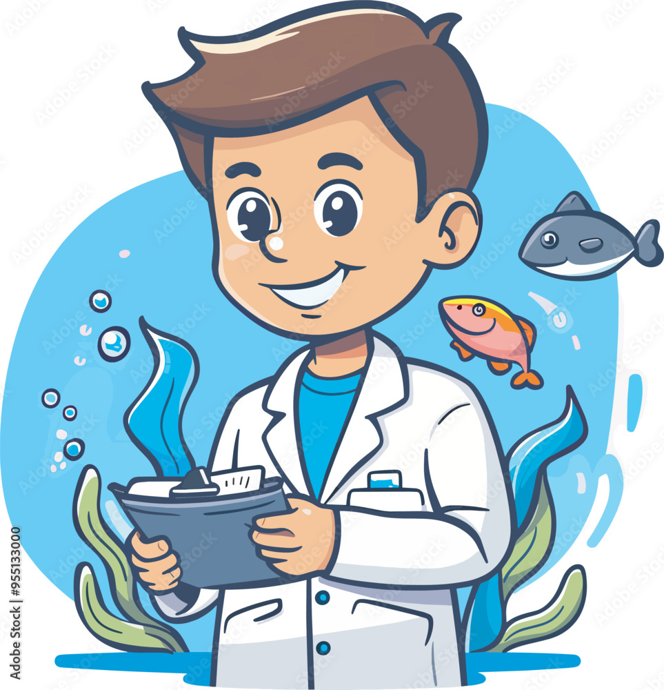 Young Marine Biologist Studying Underwater EcosystemIllustration ...