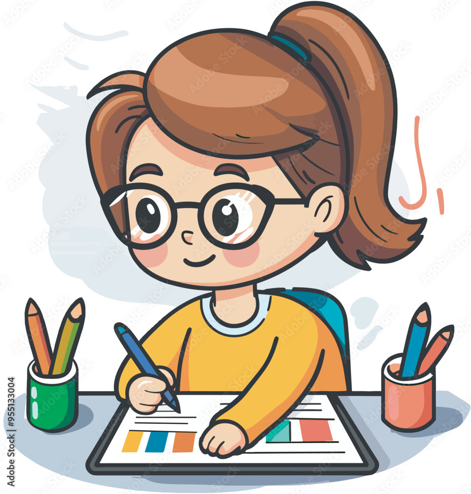 Cute cartoon little girl writing studying school student homework ...