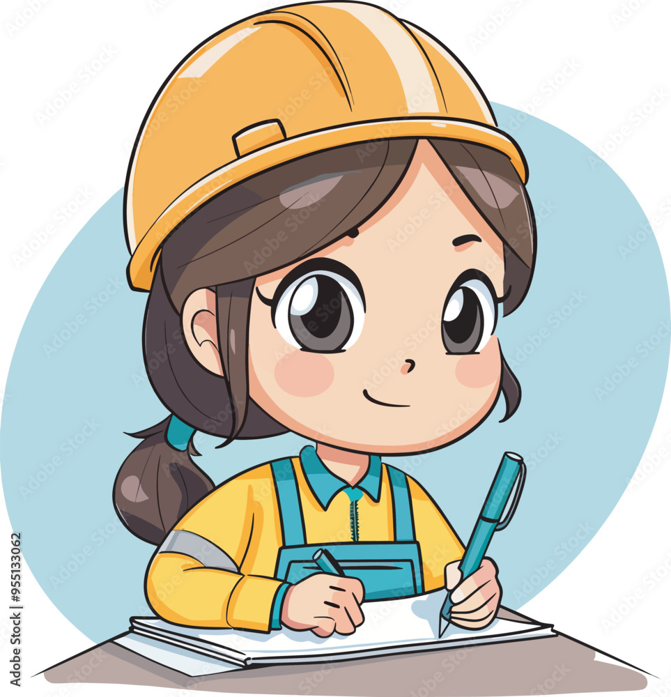 Cute cartoon girl construction worker writing on paper engineering ...