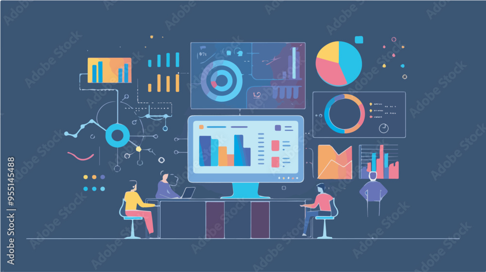 Data analysis concept business people analyzing financial charts graphs on computer screen data ...