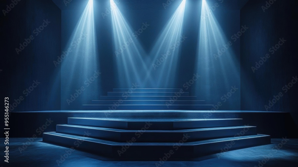 Dark room with spotlights illuminating a stone podium and steps. Stock ...