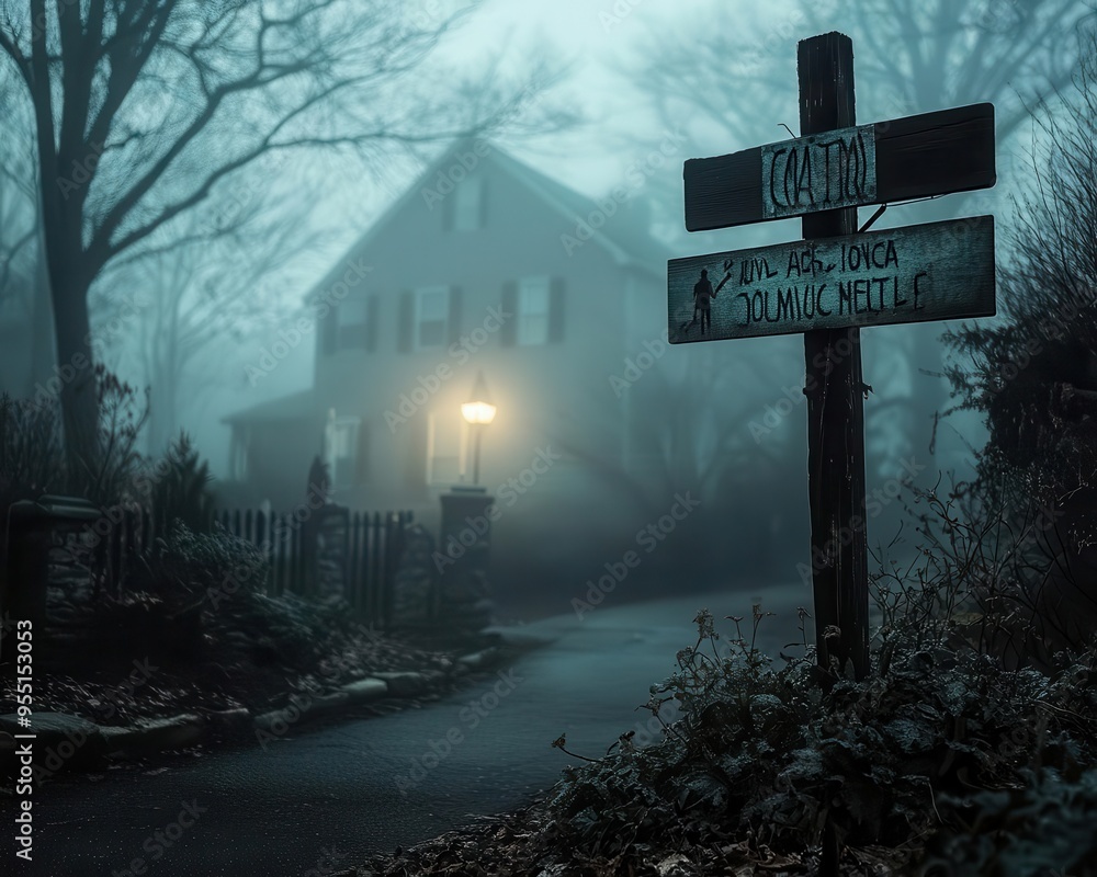Scary yard signs with spooky messages, placed in a foggy front yard ...