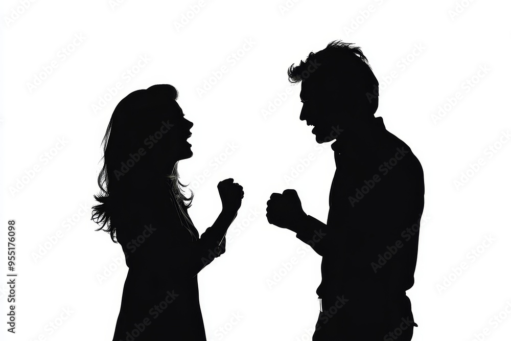 Isolated white background with man and woman expressing aggression and ...