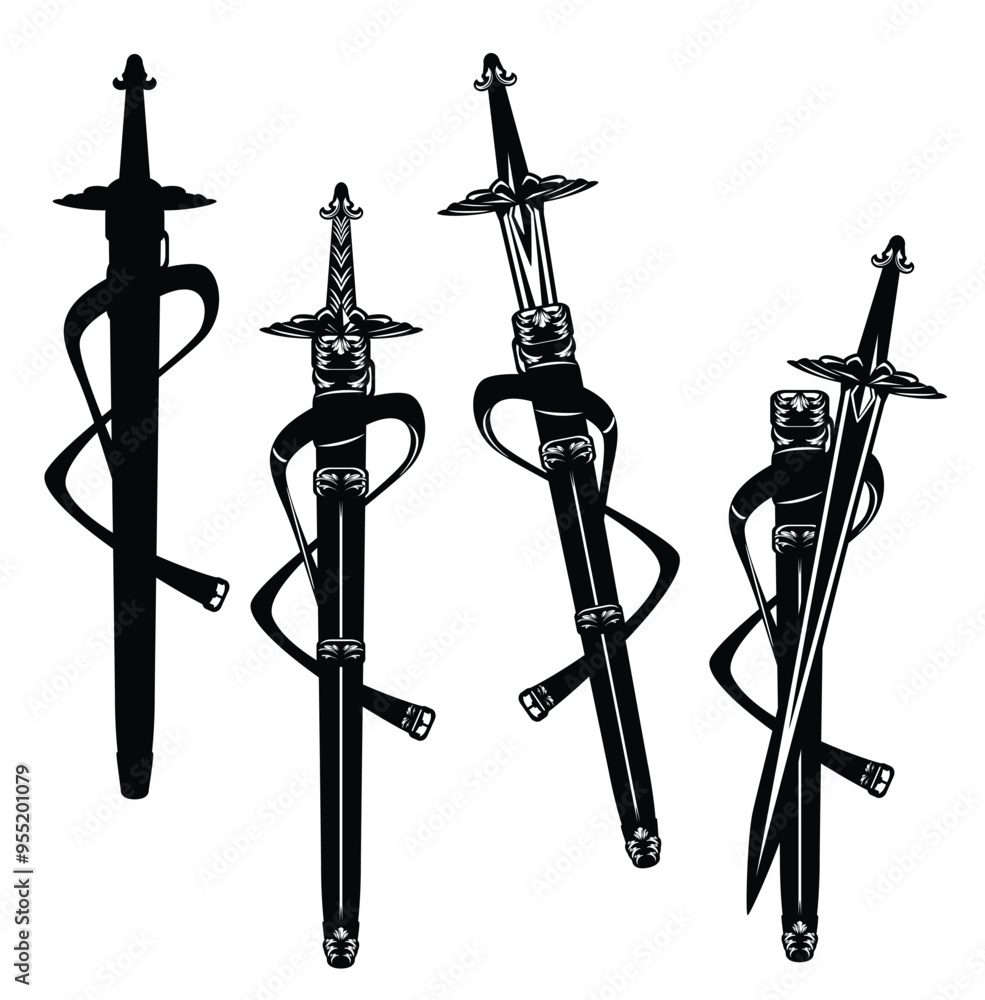 fantasy knight long sword and scabbard - black and white vector design ...