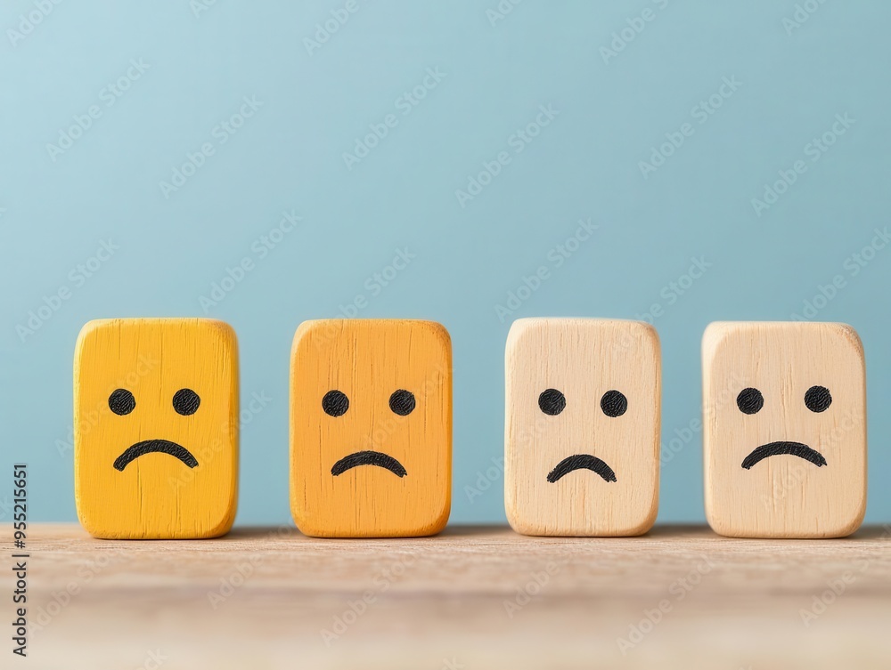 Four wooden blocks with sad face emoticons arranged in a row on a light ...