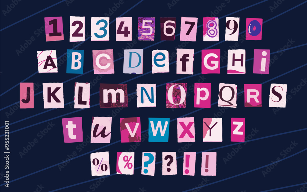 Collection of magazine cutout alphabet font with ripped and torn edges ...
