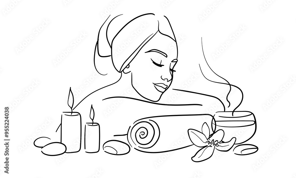 Girl enjoying spa salon isolated on white background. Relax line art ...