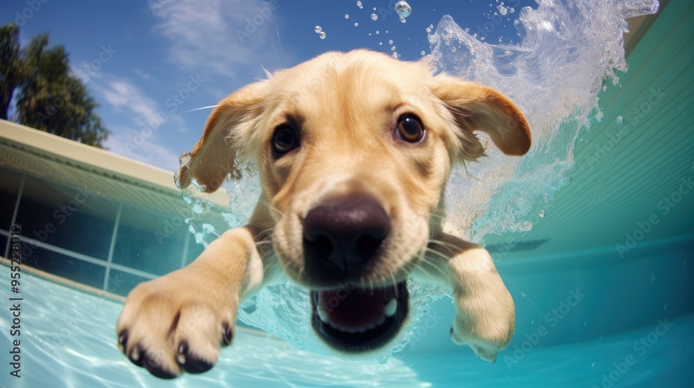 Funny underwater picture of puppies in swimming pool playing deep dive ...
