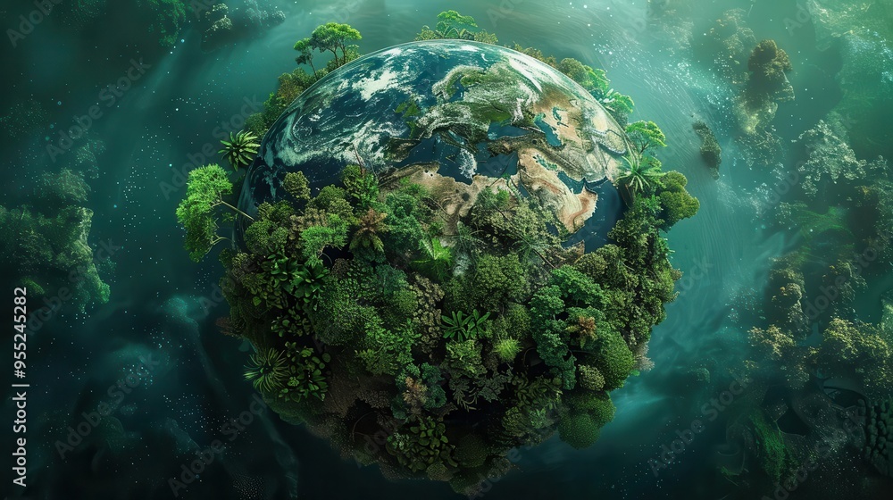 surreal digital artwork of earth transformed into a verdant ecosystem ...