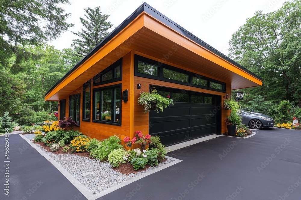 Eco-friendly garage innovations are highlighted in a realistic photo of ...