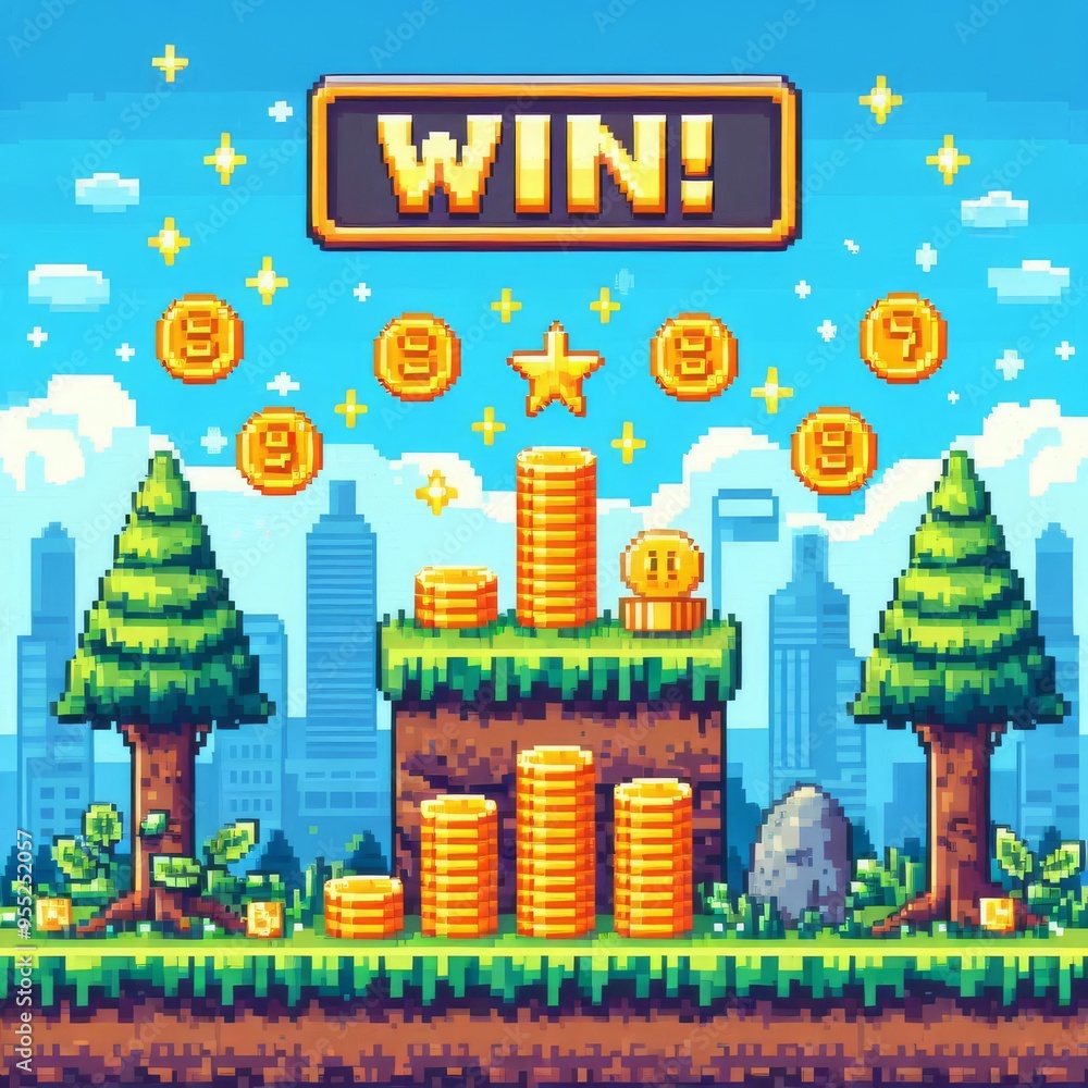 Pixel game art win background. Retro 8 bit video games screen, computer ...