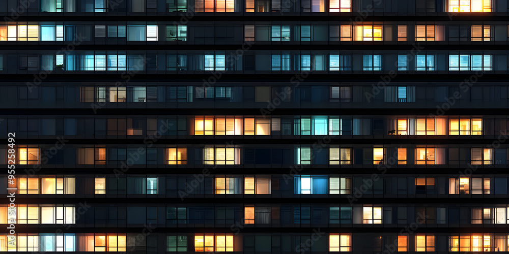 Seamless skyscraper facade with windows and blinds at night. Modern ...