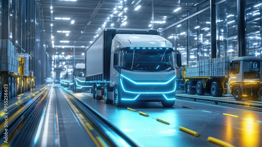 Autonomous electric trucks in a logistics hub, loading cargo ...